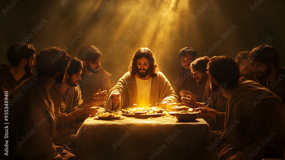 Jesus Christ and his disciples having a meal together Stock Photo ...