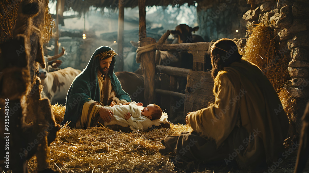 Jesus Christ born in a hut with his parents Stock Photo | Adobe Stock