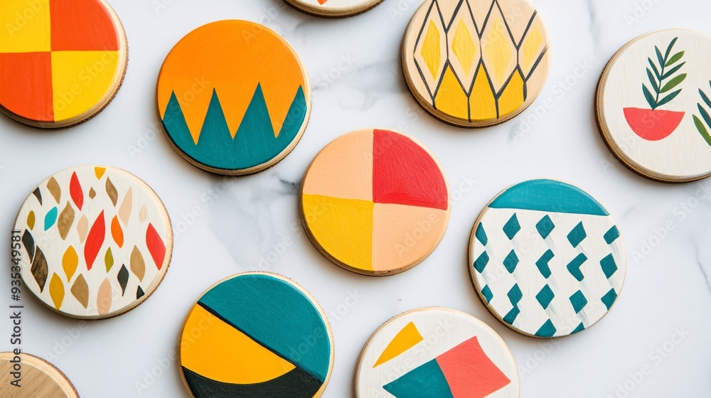 Hand-painted wooden coasters, with geometric patterns and bright colors ...