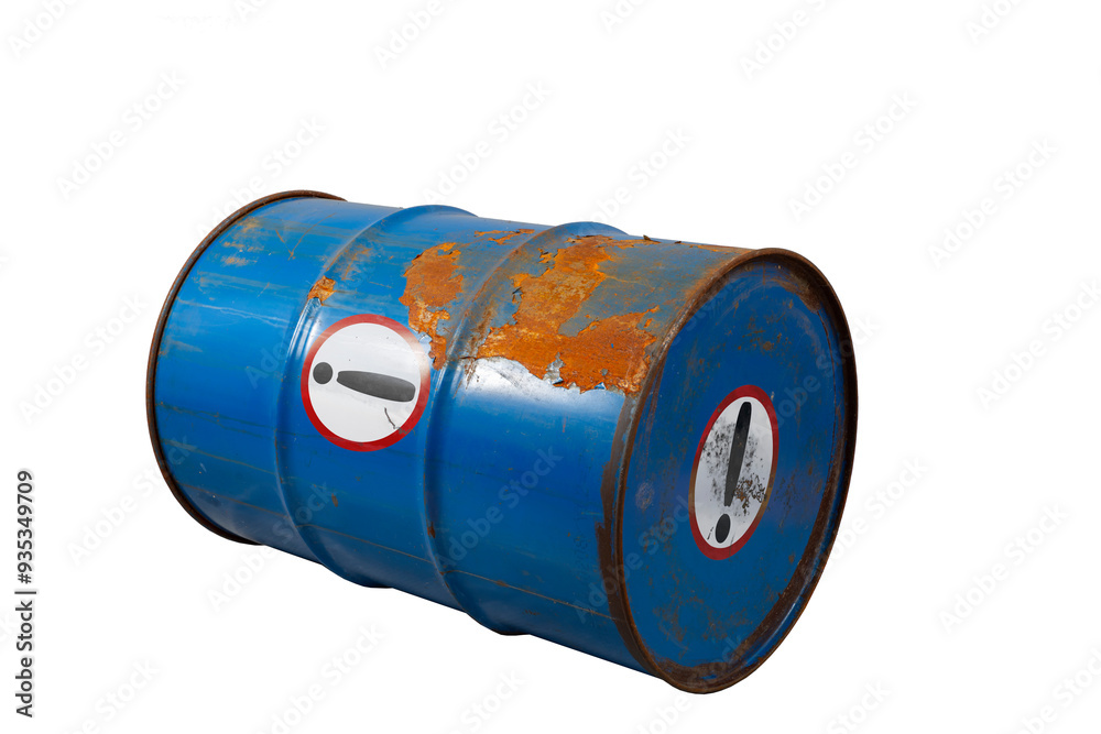 Blue barrel with biohazard warning exclamation mark, toxic waste. The ...