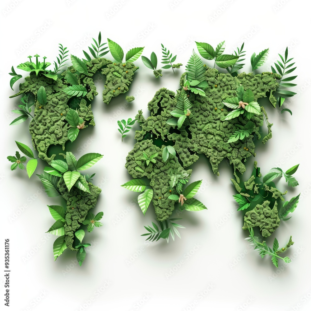 Cartoon 3D world map with green leaves representing different ...