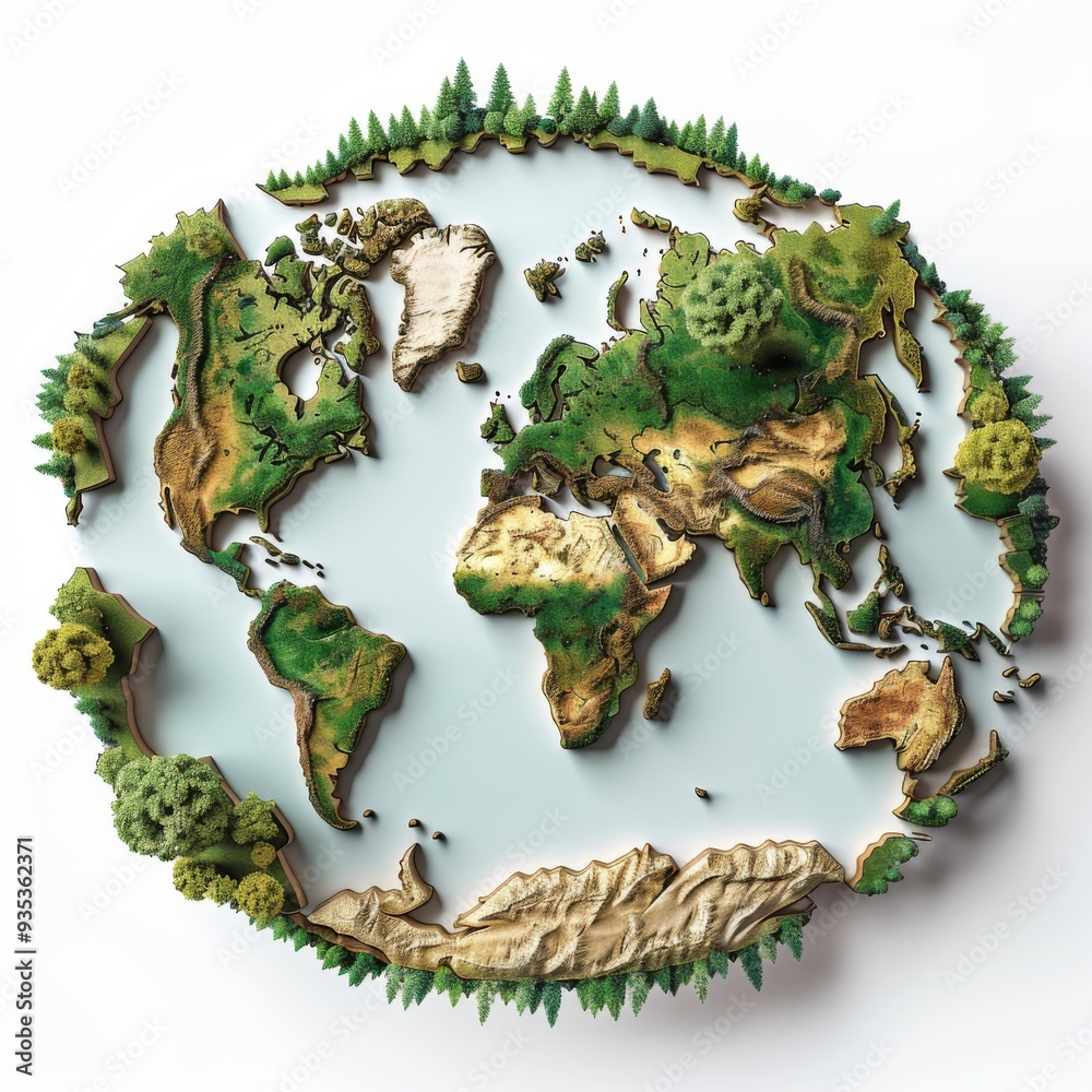 Cartoon 3D world map with green leaves representing different ...