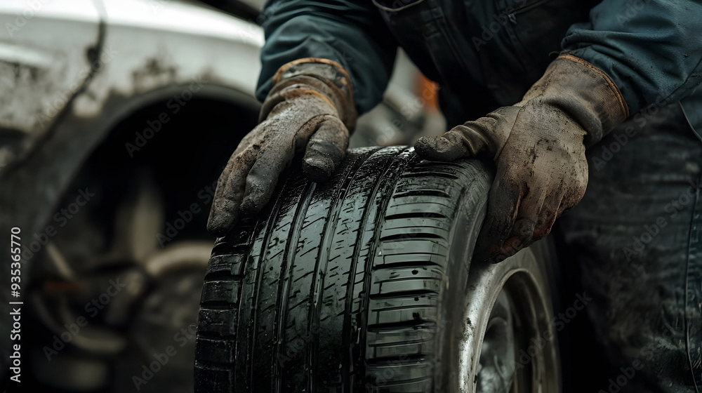 Tire Replacement Mechanic Hands Oil Stained Working Vehicle Garage ...