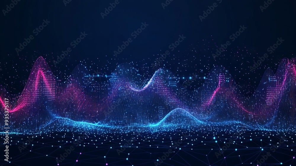 Sound wave low poly wireframe banner template. Polygonal illuminated ...