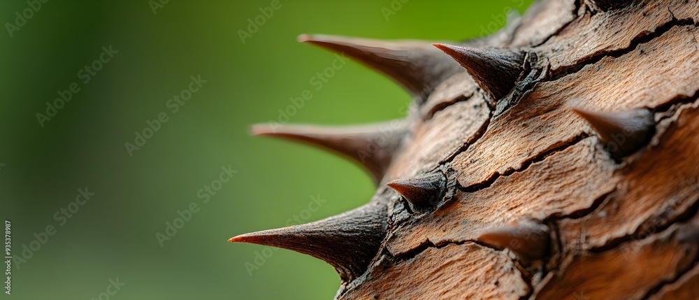 Macro shot of honey locust bark with thorny, dark ridges, highlighting ...