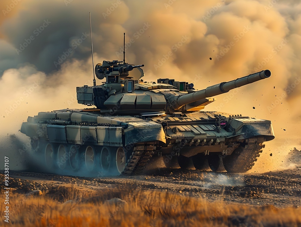 A tank maneuvering through a dusty battlefield during sunset ...