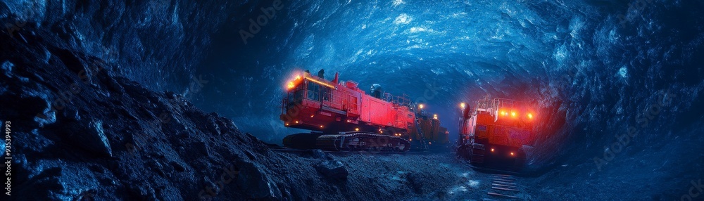 Two heavy-duty mining vehicles travel through a dark tunnel illuminated ...