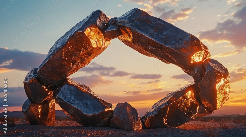 This is a stunning sculpture made of large rocks set against a vibrant ...