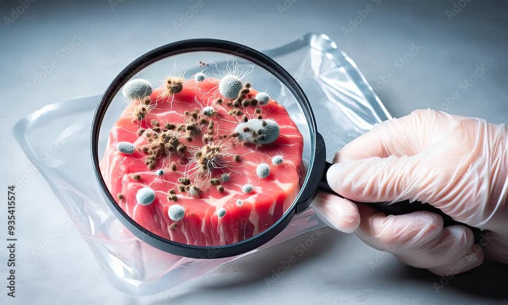 Magnified View of Mold and Bacteria Growing on Packaged Raw Meat ...