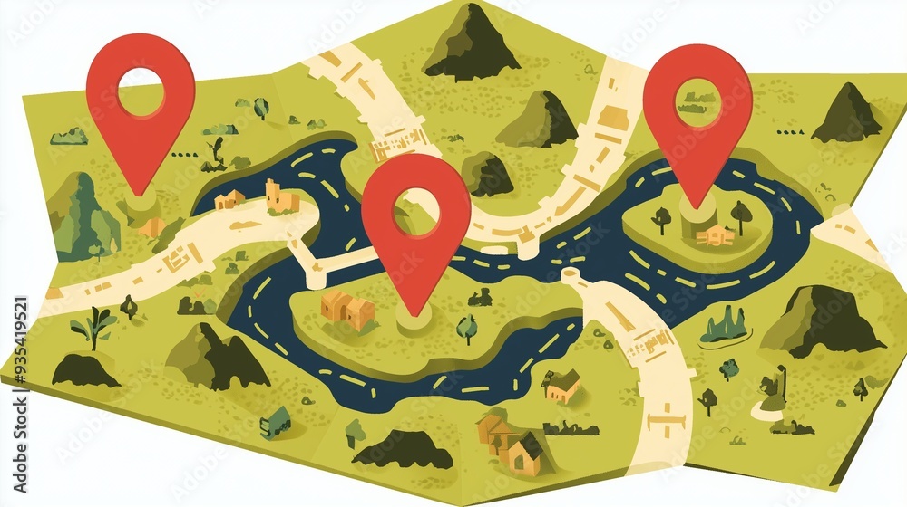 Illustrated map with pins and roads, highlighting locations and routes ...