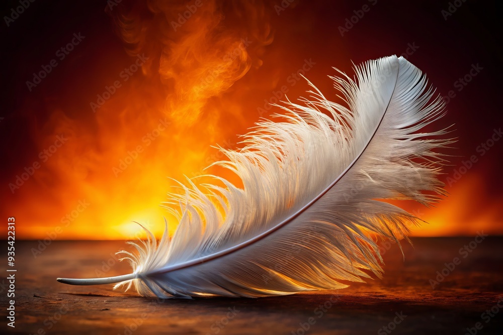 dramatic intense solitary white feather standing against fiery burnt ...
