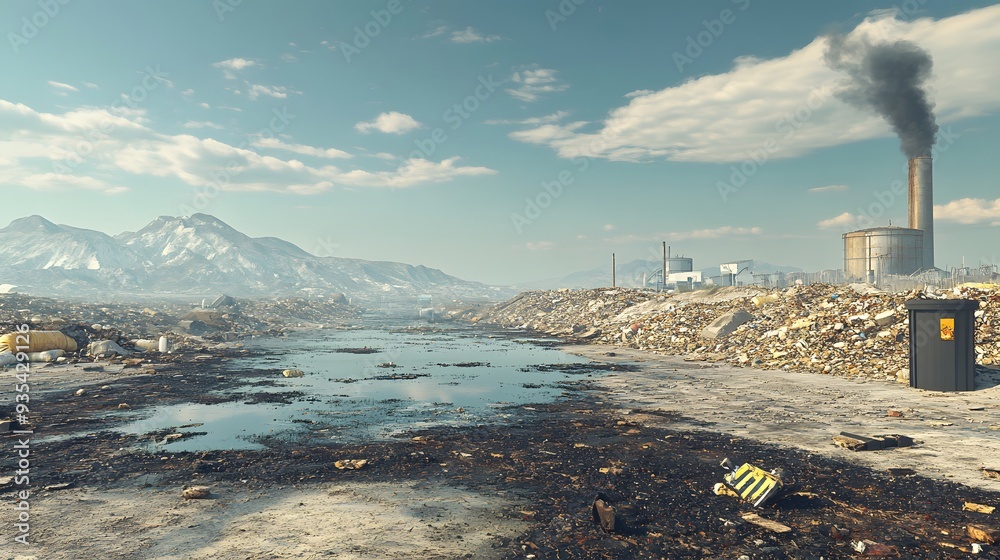 65. 3D depiction of a landfill site with hazardous waste leaching into ...