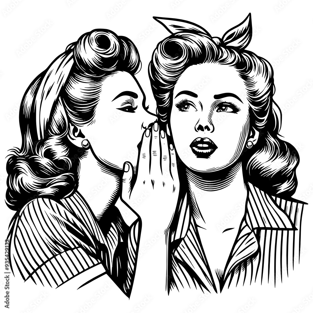 pin-up girls, one whispering a secret into the other ear, with ...
