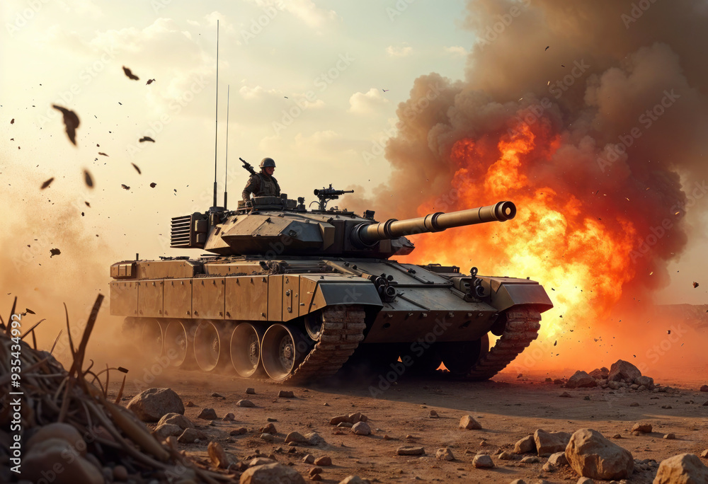 Tank destroyed in ambush, explosion, smoke, debris flying, warfare ...