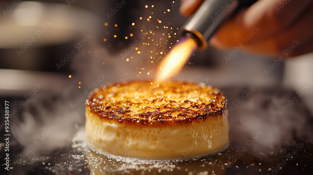 A close-up shot of a crème brûlée being caramelized with a torch. The ...