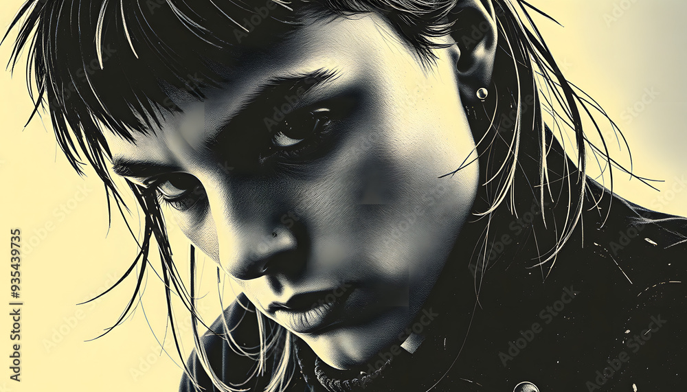 Grunge-inspired 90s portrait with a mezzotint photocopy look for a ...