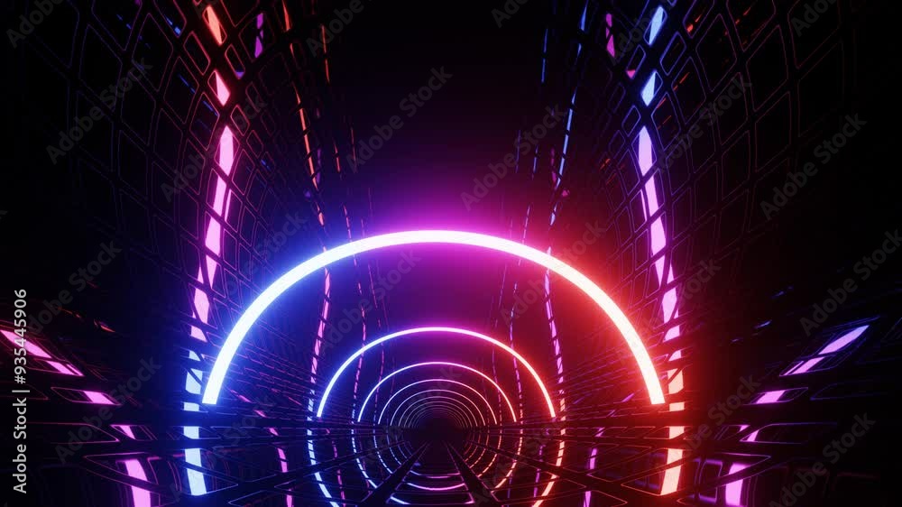 Hi-tech neon sci-fi tunel. Trendy neon glow lines form pattern and ...