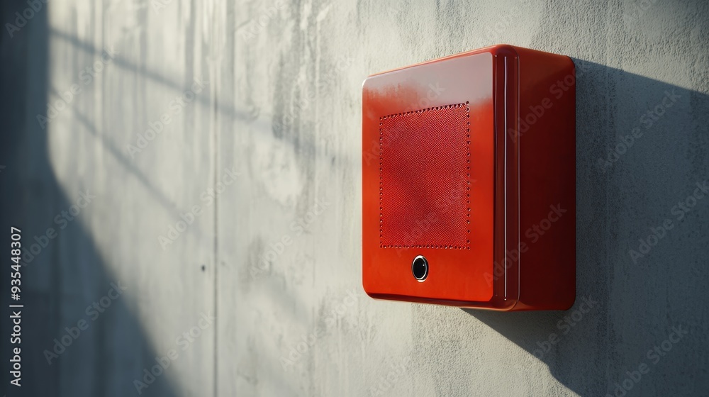 On a wall, a red emergency box with an empty interior is displayed ...