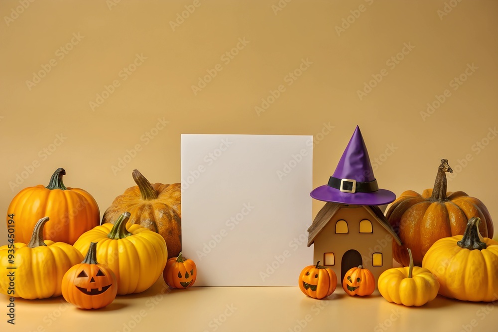 Halloween card with pumpkins and witch houses. Design for writing ...