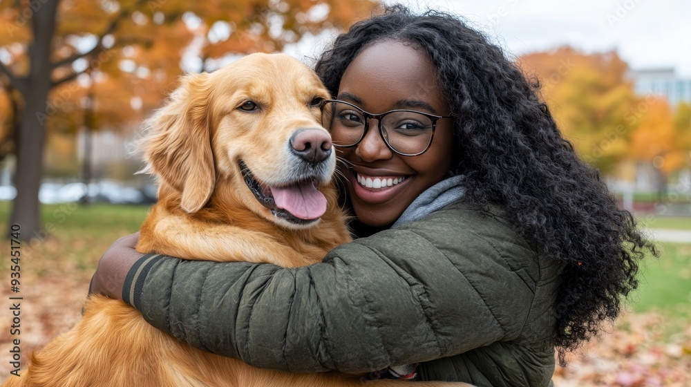 A mature black woman hugs her golden retriever in the park. An elderly ...