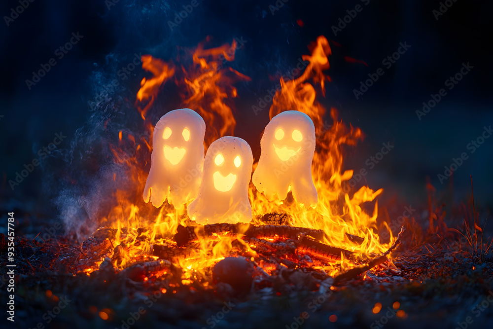 Haunting Bonfire, an eerie gathering around a flickering blaze, shadows ...