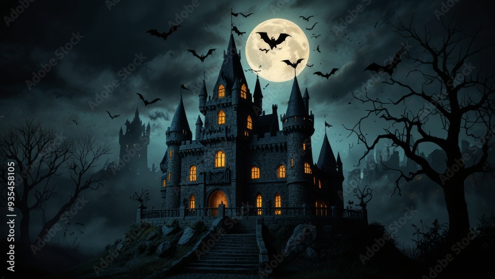 Spooky old medieval castle: Ancient eerie castle on mountain, swarm of ...