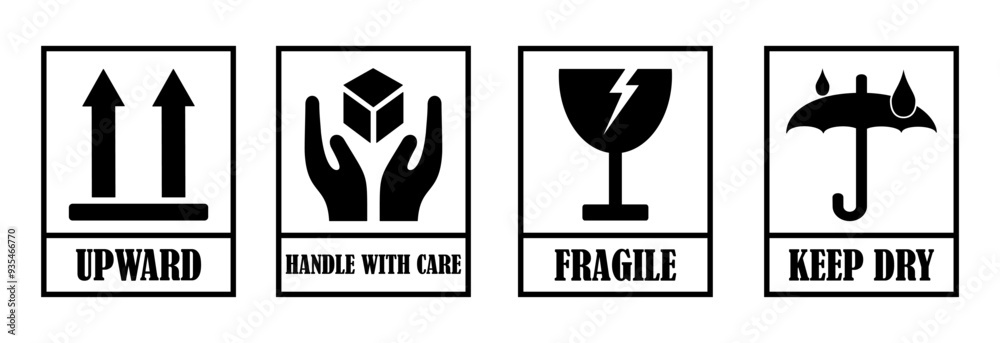 Fragile package labels icons set, handle with care logistics, keep dry, upward, and delivery ...