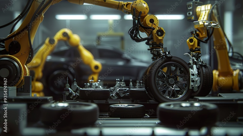 Robotic arms working in unison to attach wheels to a car, showing the ...