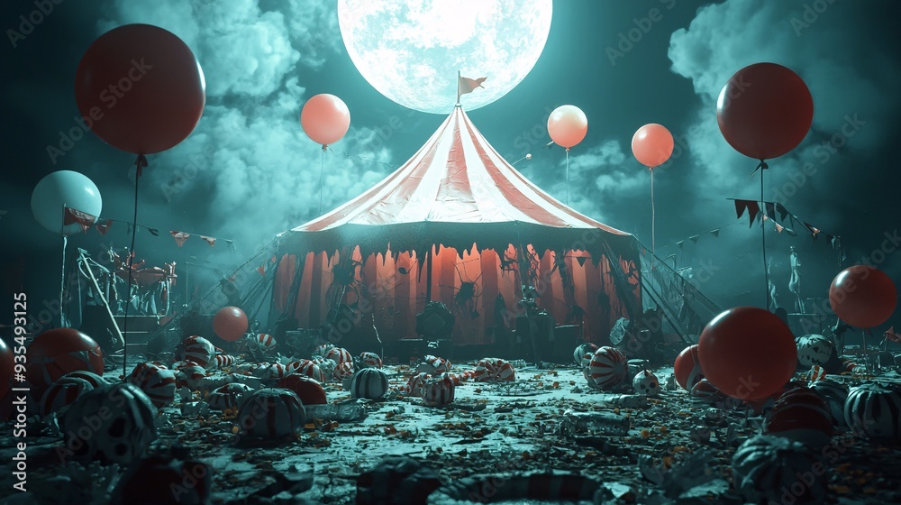 A dark and eerie circus tent illuminated by moonlight, with sinister ...