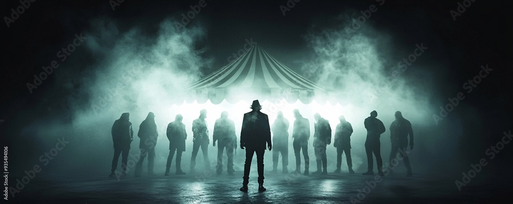A creepy, fog-filled circus tent with ominous shadows of performers ...