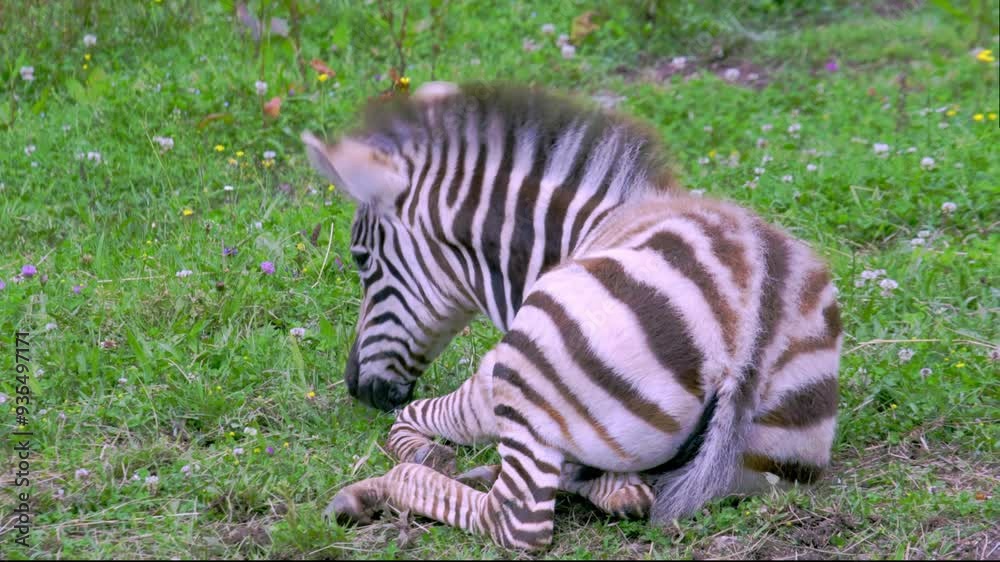 A baby zebra (Equus quagga) is laying down in the grass. 4K. The zebra ...
