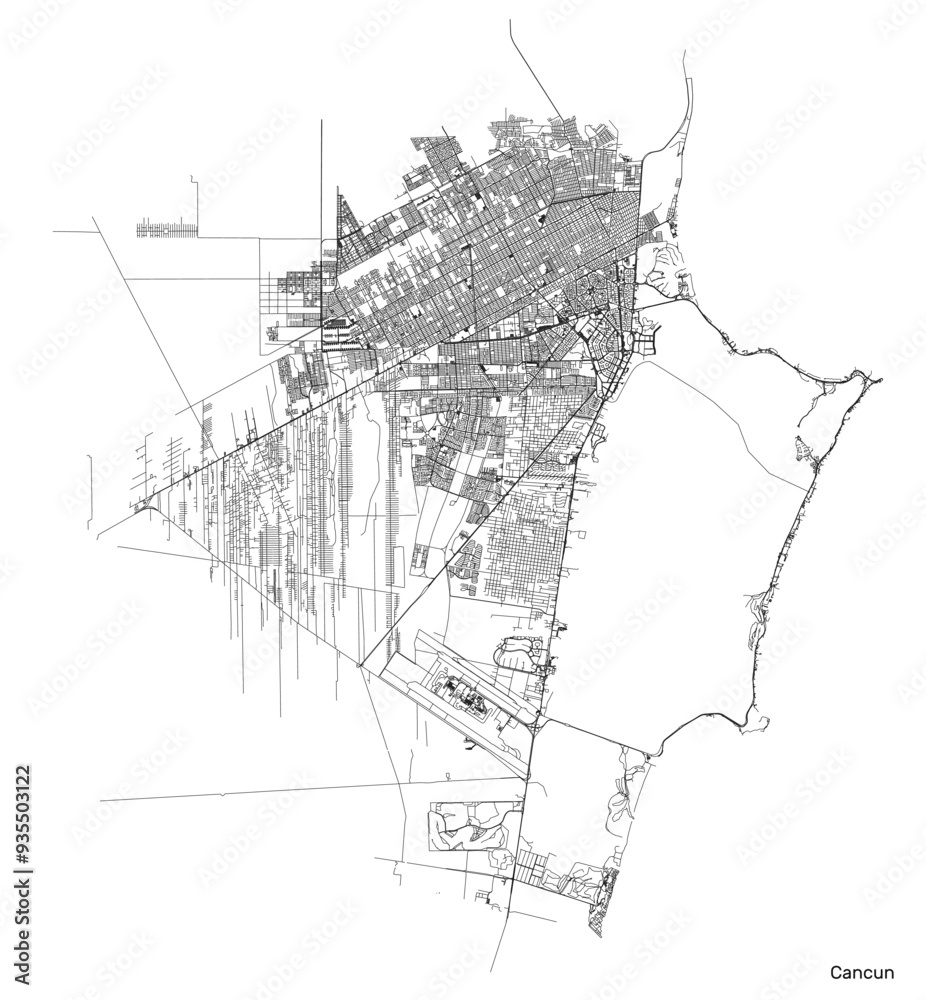 Cancun city map with roads and streets, Mexico. Vector outline ...