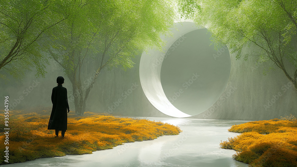 Silhouette person facing surreal moon gate in mystical forest, Soft ...