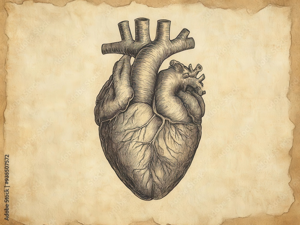 anatomically detailed human heart sketch in vintage engraving style ...