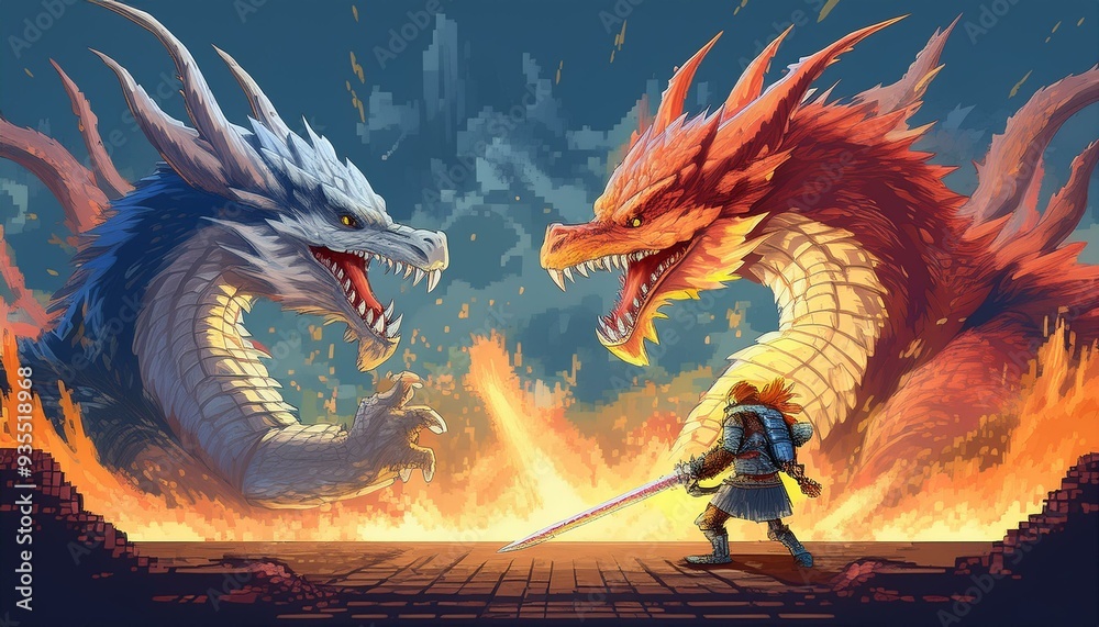 8-bit pixel art game Fight against dragons with fire attacks. Count ...