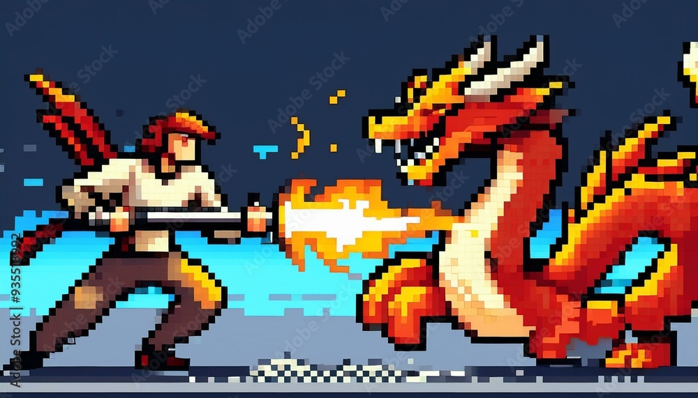 8-bit pixel art game Fight against dragons with fire attacks. Count ...
