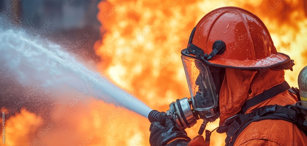 A firefighter spraying foam on a chemical fire, with flames being ...