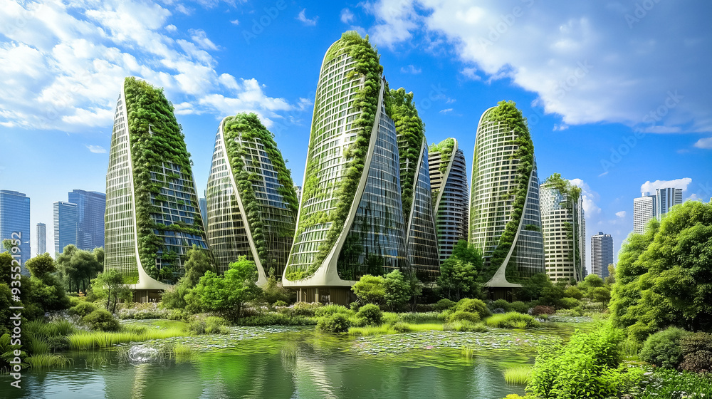 Innovative green skyscrapers in an urban environment, featuring ...