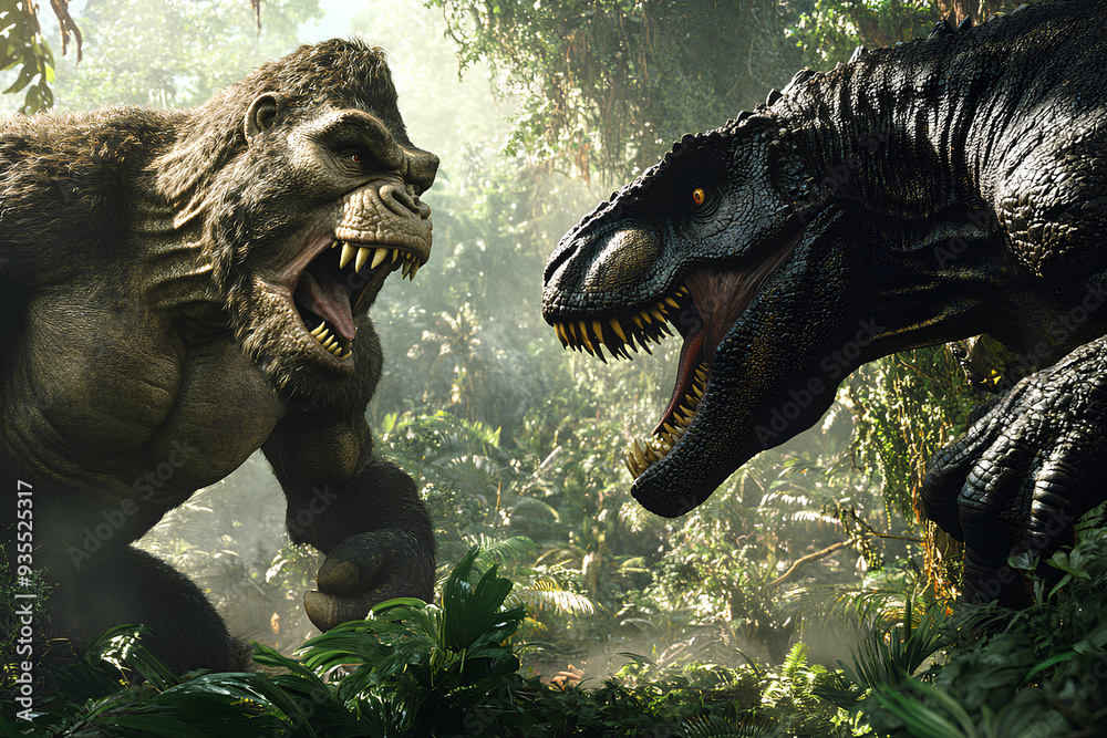 king kong vs dinosaur trex in the jungle, a king kong and a dinosaur ...