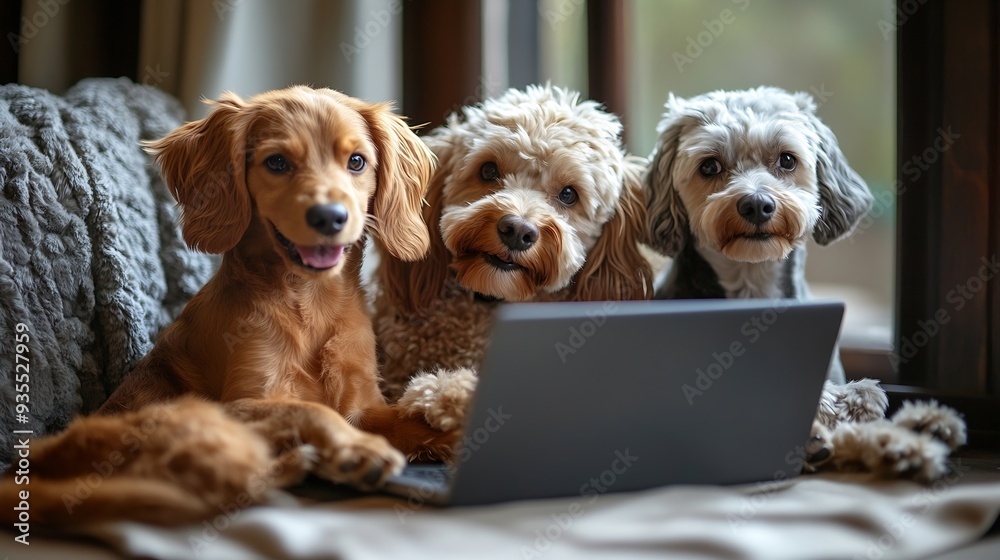 Back view of dog talking to dog friends in video conference Group of ...