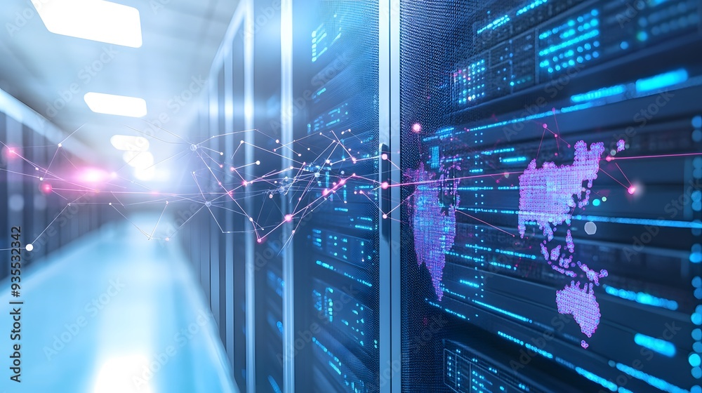 A high-tech data center filled with servers and cables, with a ...