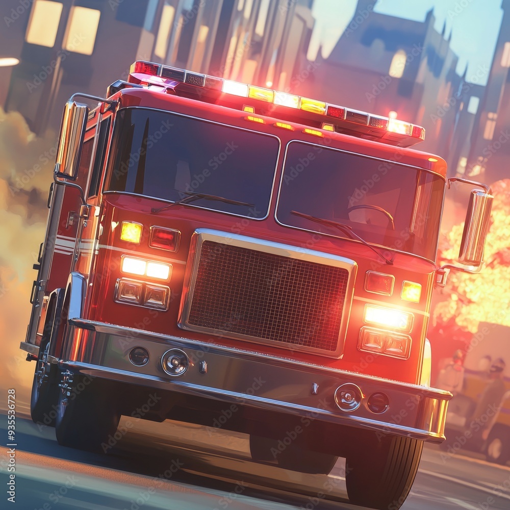 A fire truck rushing through the city, lights flashing and sirens ...