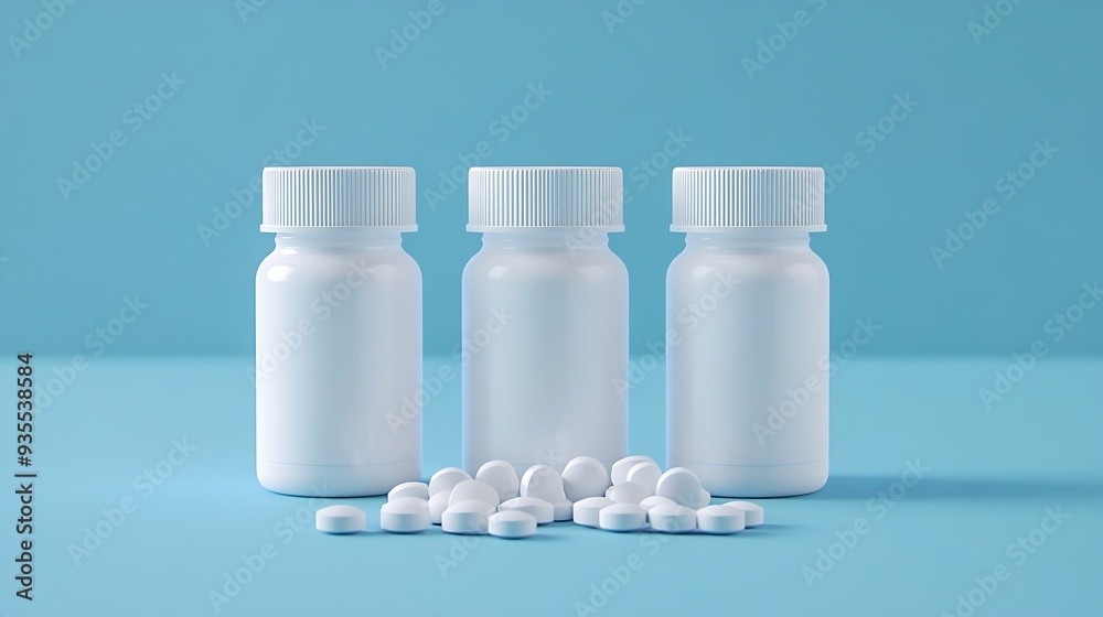 Three unbranded medicine bottles are placed next to each other on a ...