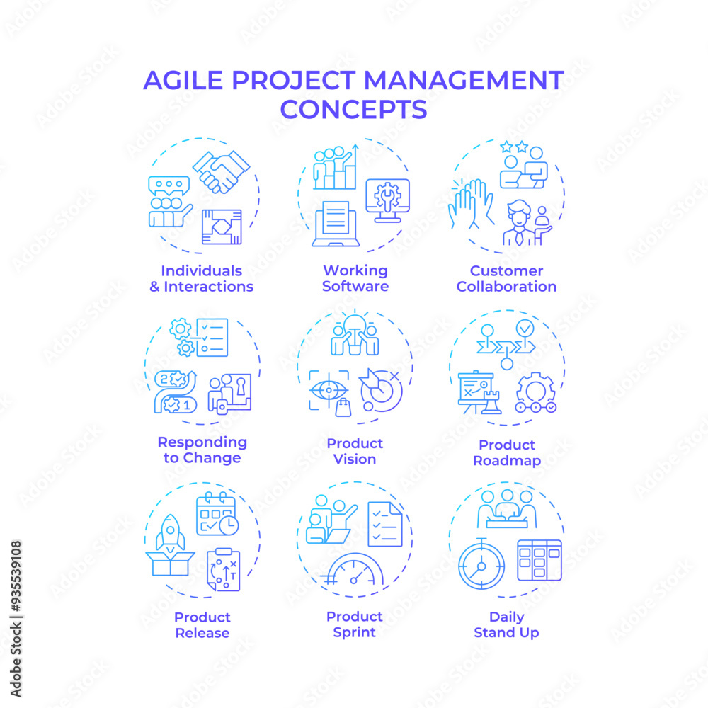 Agile project management blue gradient concept icons. Meeting schedule ... Agile project management blue gradient concept icons. Meeting schedule ...
