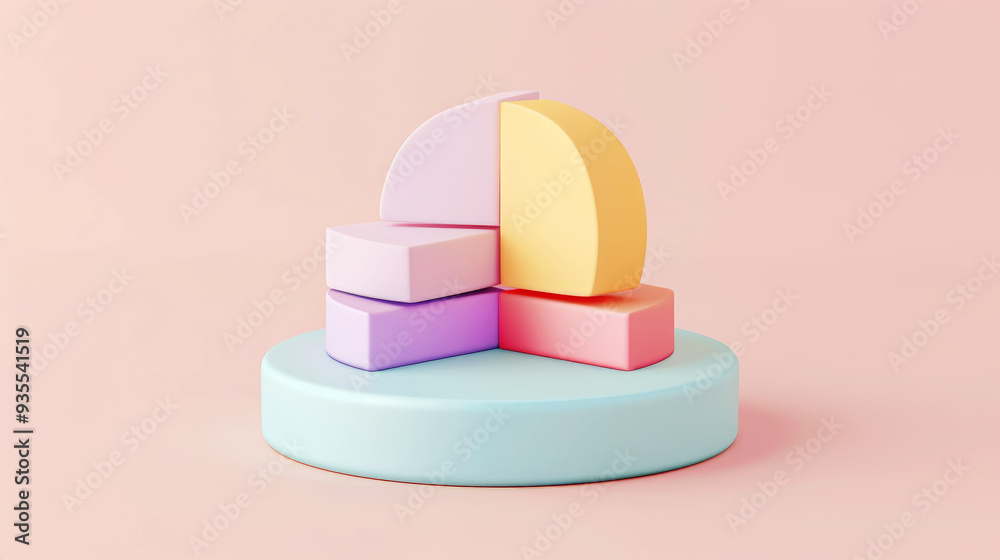 Cartoon digital 3D icon of diagrams and graphics, pastel colors, soft ...