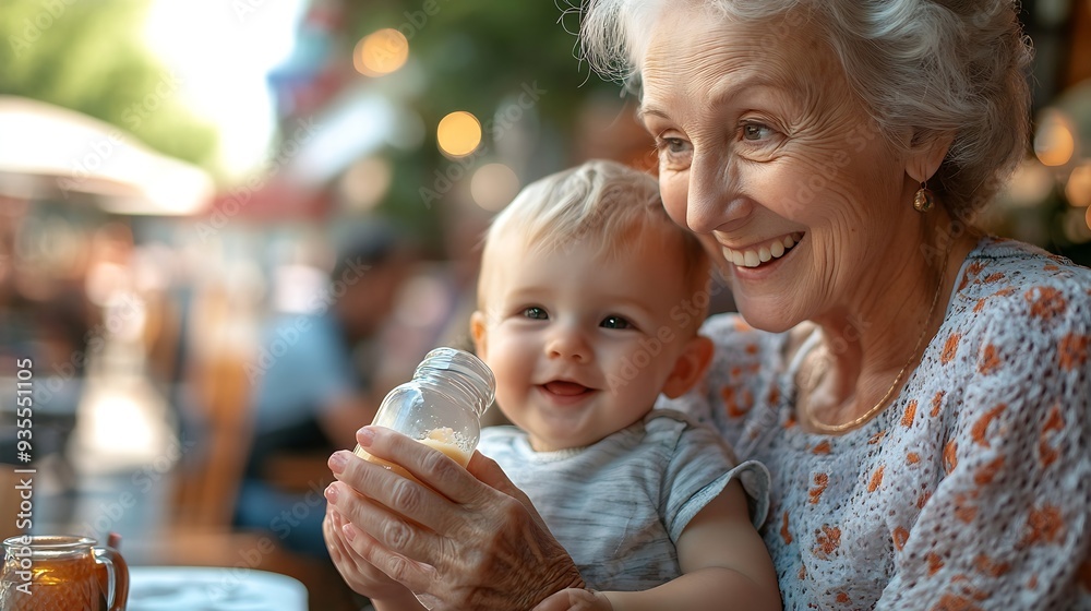 Beautiful happy smiling senior elderly woman nanny feeding formula on ...