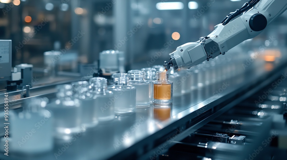 robot arm moving plastic bottle to conveyor belt of auto capping and ...