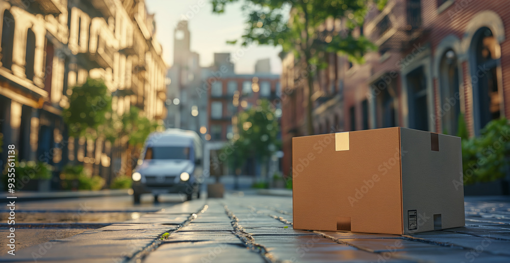 A cardboard package sitting on a cobblestone street in a city, with a ...