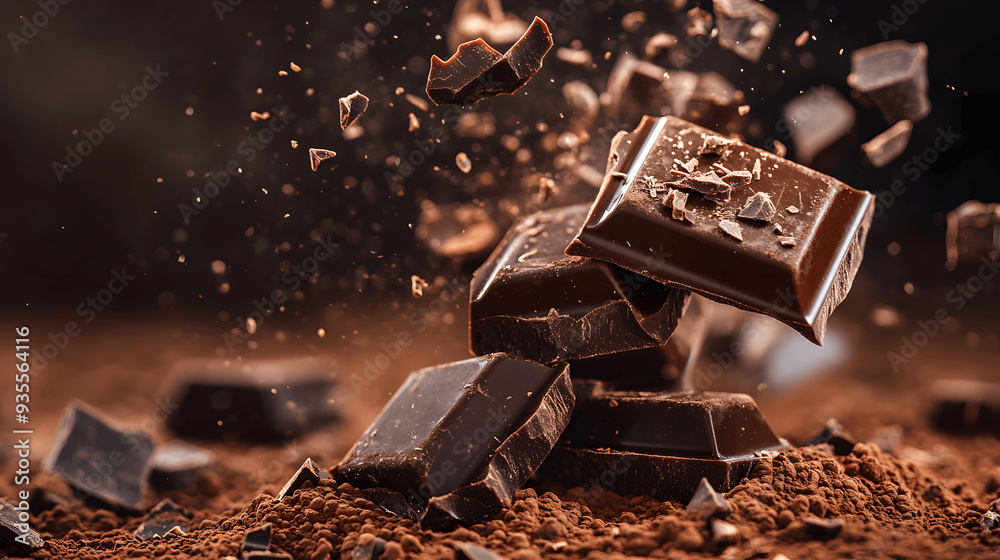 Dark chocolate bar snapping in half with cocoa dust on brown background ...