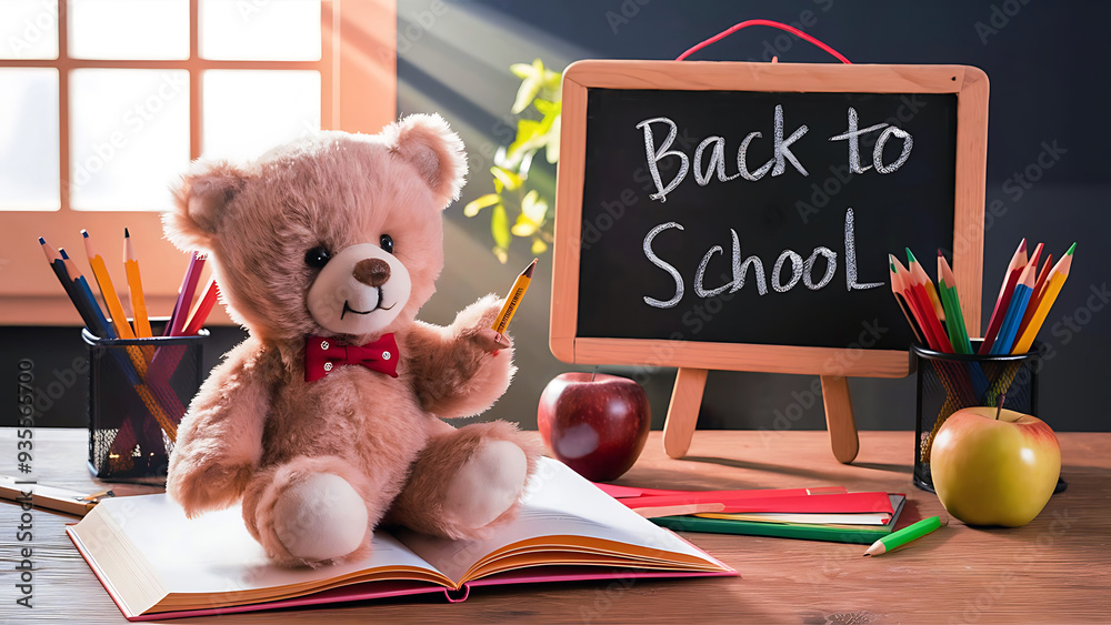 Back to School Teddy Bear on Open Book, Cute Teddy Bear with School ...